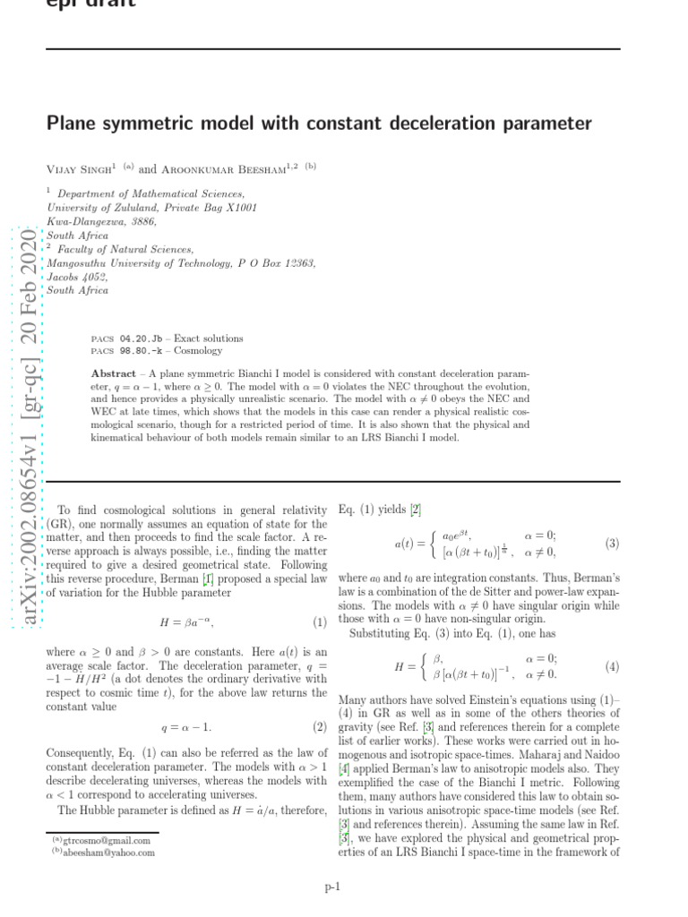 Plane Symmetric Model With Constant Deceleration Parameter | PDF | Spacetime | Universe