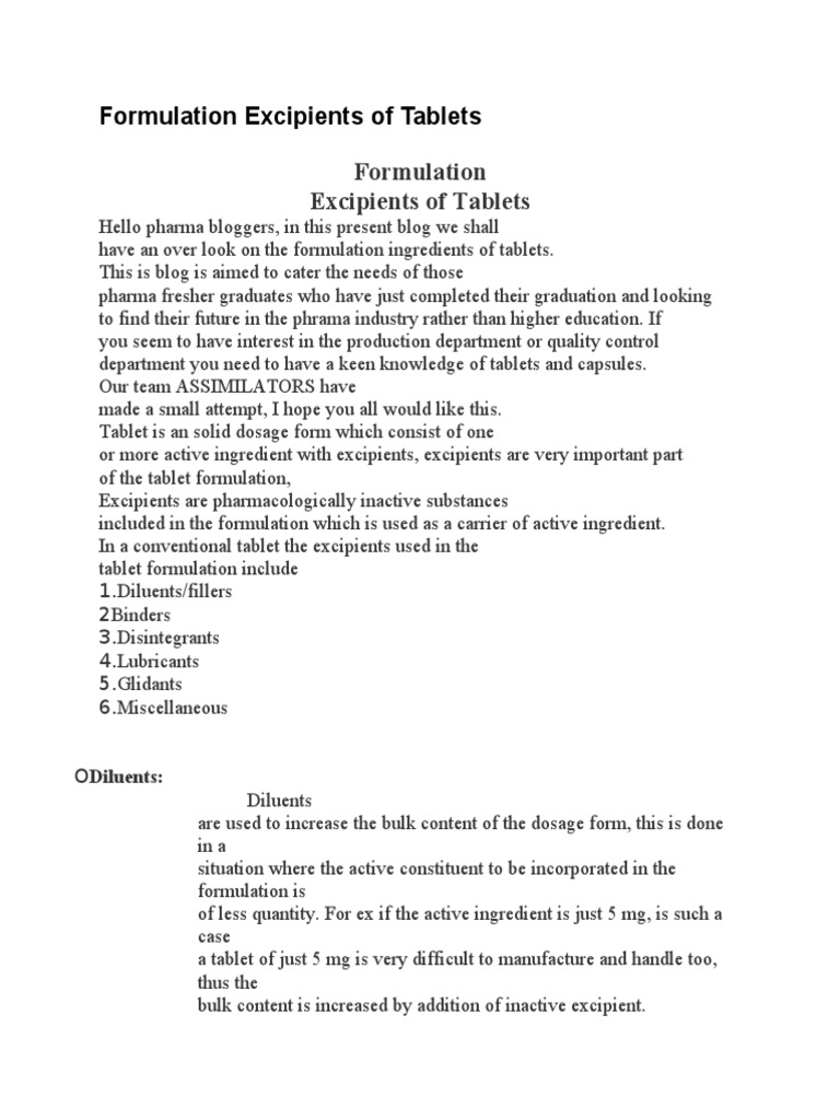 Formulation Excipients of Tablets | PDF | Tablet (Pharmacy ...