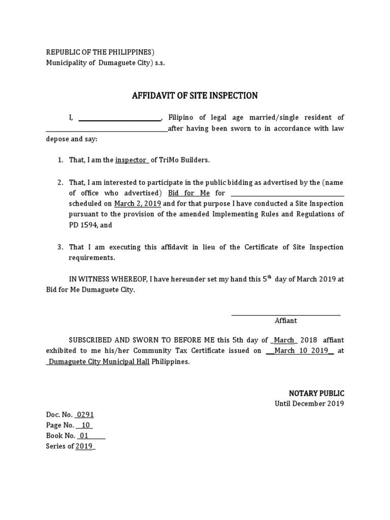 Affidavit of Site Inspection for Bidding | PDF | Affidavit | Social ...