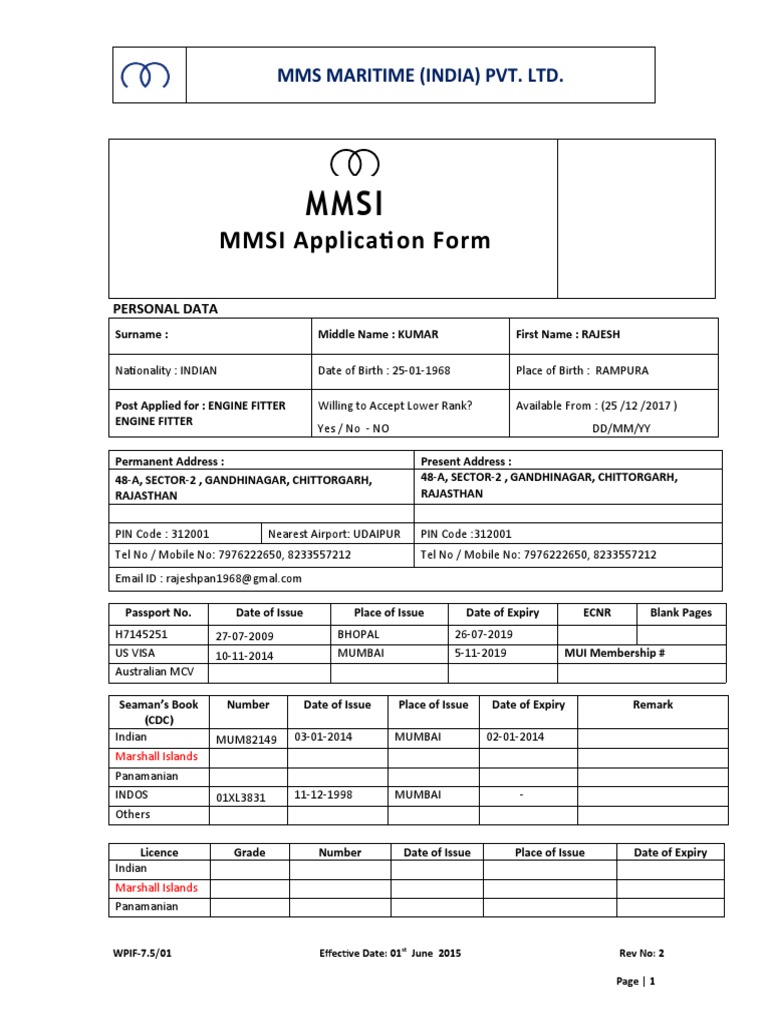 MMSI Application Form: Mms Maritime (India) Pvt. LTD | PDF | Shipping ...