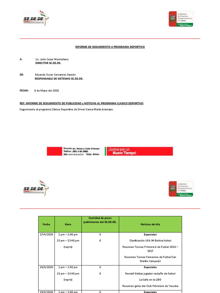 Informe de Programa Deportivo | PDF