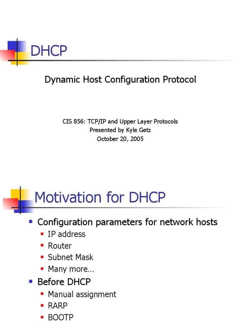 Dynamic Host Configuration Protocol: CIS 856: TCP/IP and Upper Layer Protocols Presented by Kyle ...