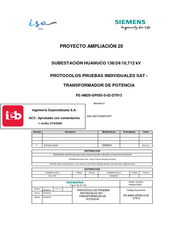 Protocolo Pruebas Transformador | PDF | Transformador | Resistencia Eléctrica y Conductancia