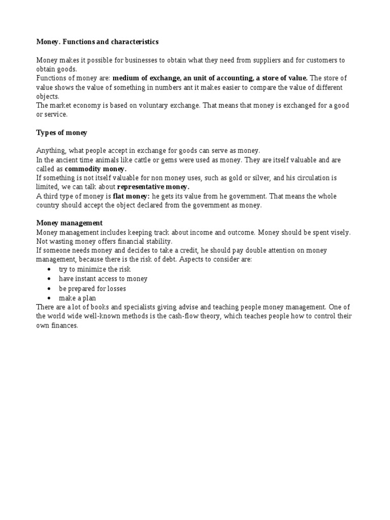 Money. Functions and Characteristics | PDF