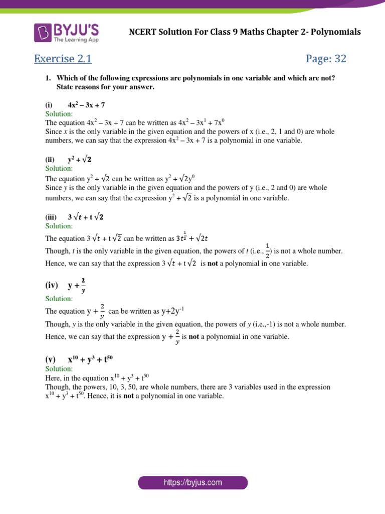 NCERT Solution For Cbse Class 9 Maths Chapter 2 Polynomials PDF | PDF ...