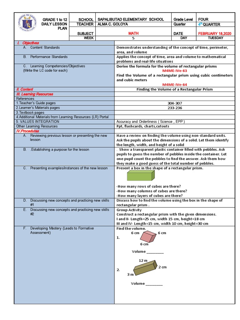 I. Objectives: Week DAY Tuesday | PDF | Volume | Area