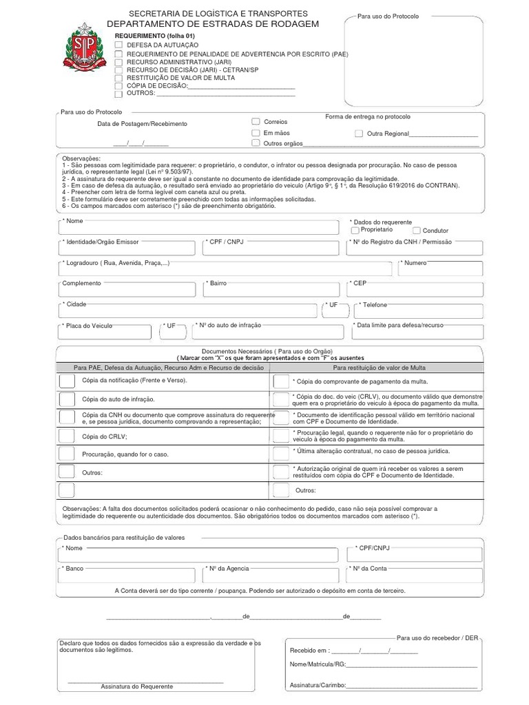 Formulário de Requerimento Der - SP PDF | Unduh gratis PDF | Carteira ...