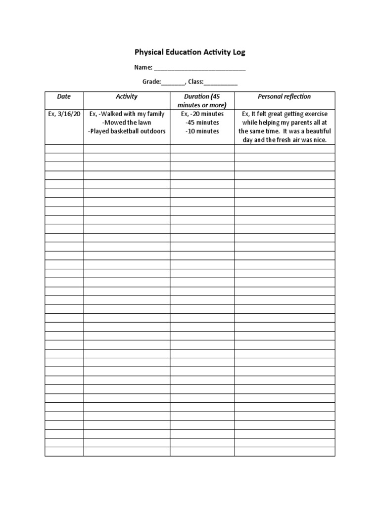 Physical Education Activity Log Template | PDF