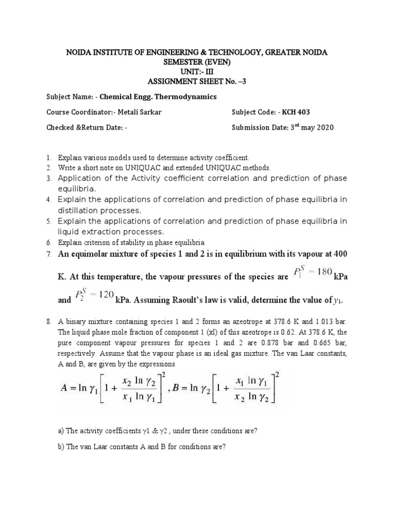 Chemical Engineering Thermodynamics Assignment 3 | PDF