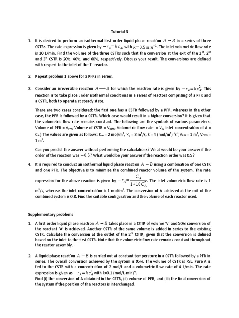 A B R KC K 0.5 Min: Tutorial 3 | PDF | Chemical Reactor | Chemical Reaction Engineering