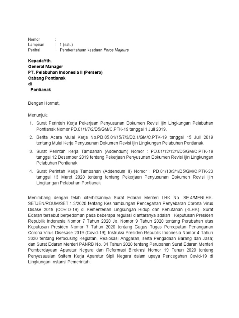Surat Pemberitahuan Keadaan Force Majeure R.3 | PDF