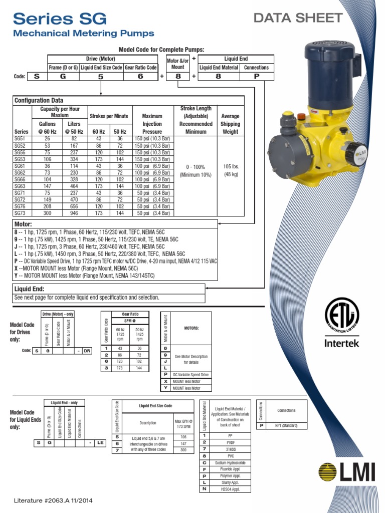 LMI G Series SG Pump Data Sheet | PDF | Electric Motor | Hertz