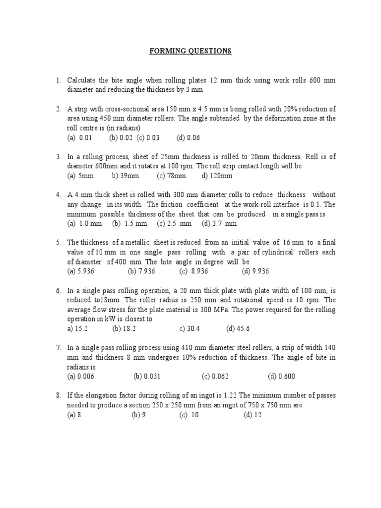 Forming Questions | PDF | Extrusion | Rolling (Metalworking)