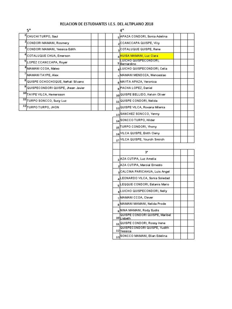 Student Enrollment List for High Schools in the Altiplano Region for ...
