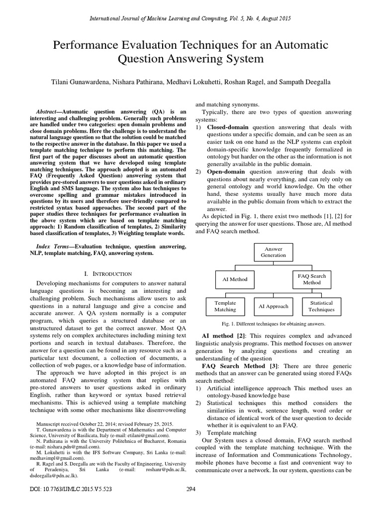 Performance Evaluation Techniques For An Automatic Question Answering System | PDF | Artificial ...
