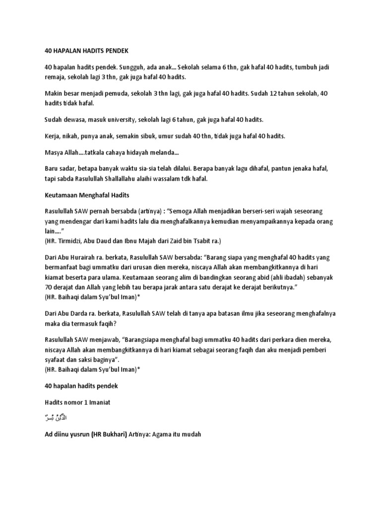 40 Hafalan Hadist Pendek | PDF