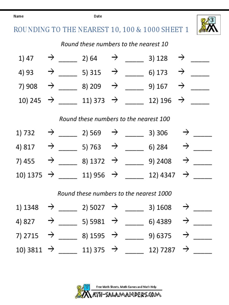 Rounding to the Nearest 10, 100 & 1000 Sheet 1: A Mathematics Worksheet ...
