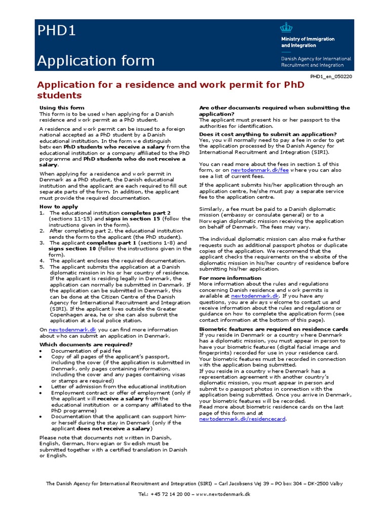 Phd1 Application Form: Application For A Residence and Work Permit For ...