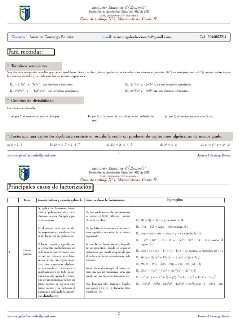 Matemáticas Semana 1 | PDF | Factorización | Matemática Elemental Matemáticas Semana 1 | PDF | Factorización | Matemática Elemental