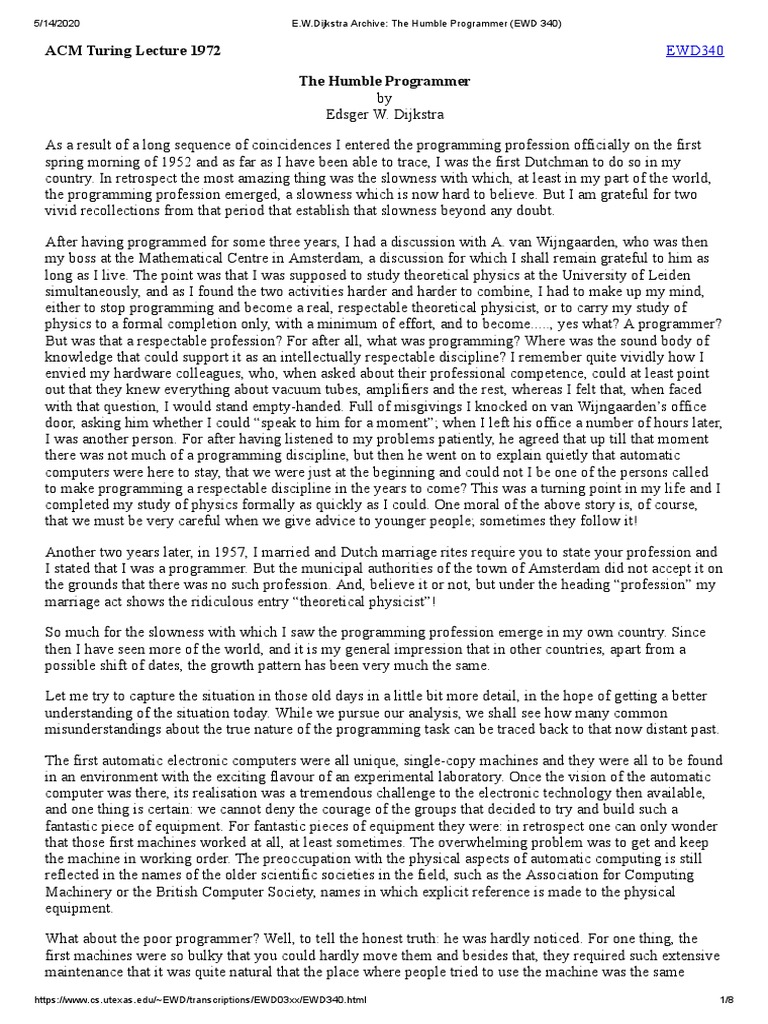 E.W.Dijkstra Archive - The Humble Programmer (EWD 340) PDF | PDF | Mathematical Proof | Computer ...