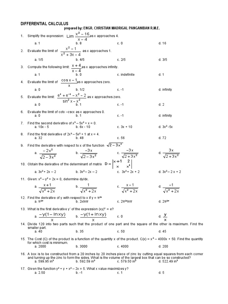 Mathematics - Differential Calculus - 40 Items | PDF | Tangent ...
