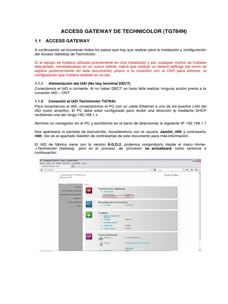 Configuración del IAD Technicolor TG784N | PDF | Contraseña | Redes de ...