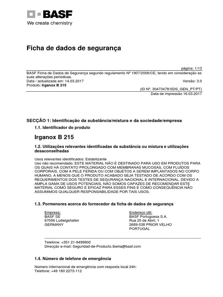 Irganox B 215 - FISPQ PDF | PDF | Química | Natureza