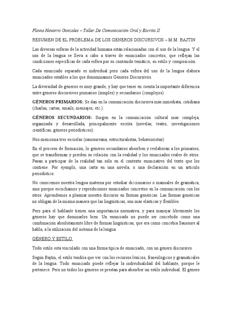 Resumen de El Problema de Los Generos Discursivos | PDF | Comunicación ... Resumen de El Problema de Los Generos Discursivos | PDF | Comunicación ...
