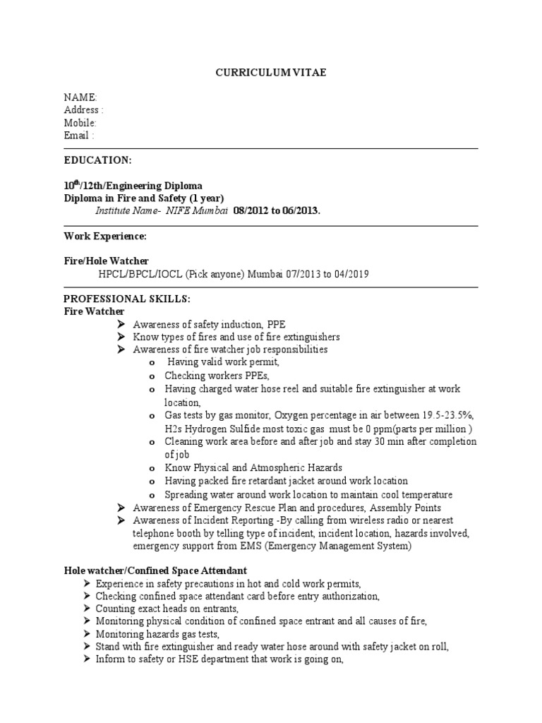 Fire Watcher CV and Responsibilities | PDF