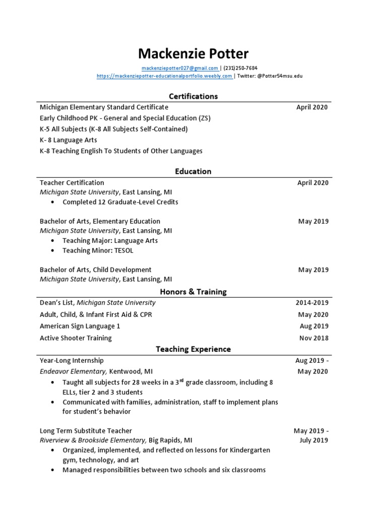 Resume Potter Mackenzie Online | PDF | Michigan State University | Teachers