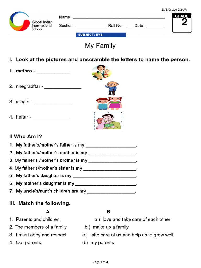 My Family EVS Worksheet for Grade 2 | PDF