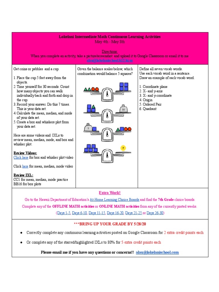 Lau 7th Grade 5-04 - 5-08 Lokelani Math Continuous Learning Activities ...
