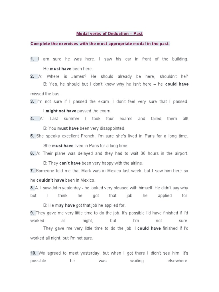 Modal Verbs of Deduction - Past Complete The Exercises With The Most ...