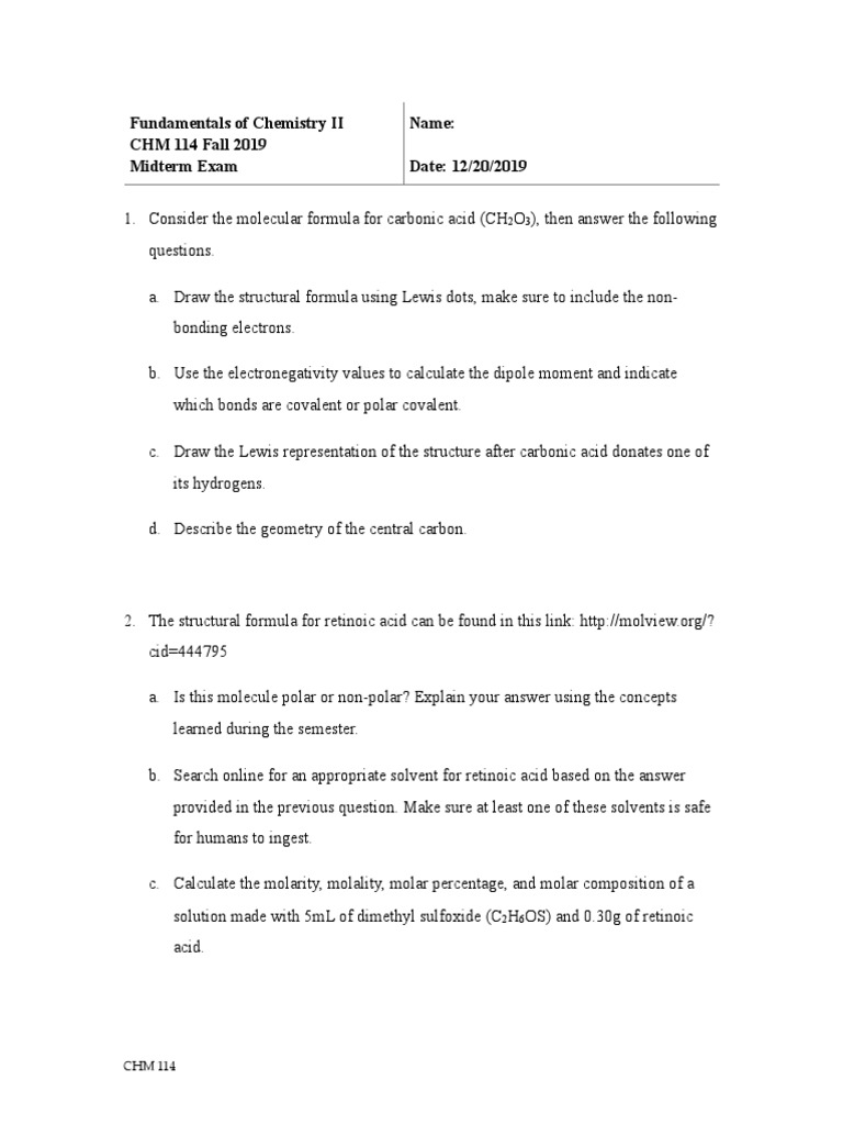 Fundamentals of Chemistry II CHM 114 Fall 2019 Midterm Exam Name: Date ...