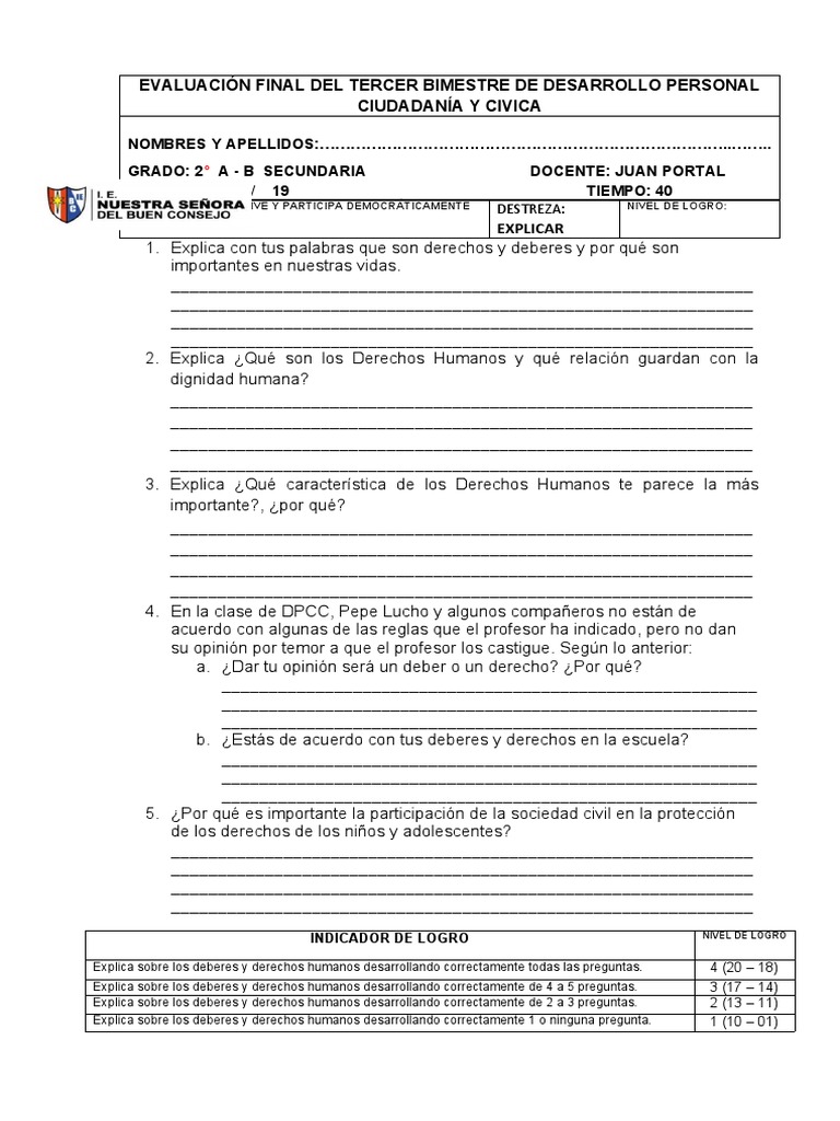 Evaluacion Final de DPCC 2° Sec Iiib | PDF | Derechos humanos | Science
