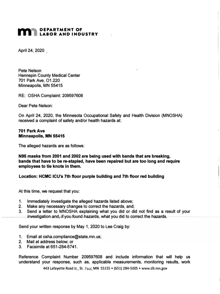 Mnosha Letter | PDF | Occupational Safety And Health Administration ...