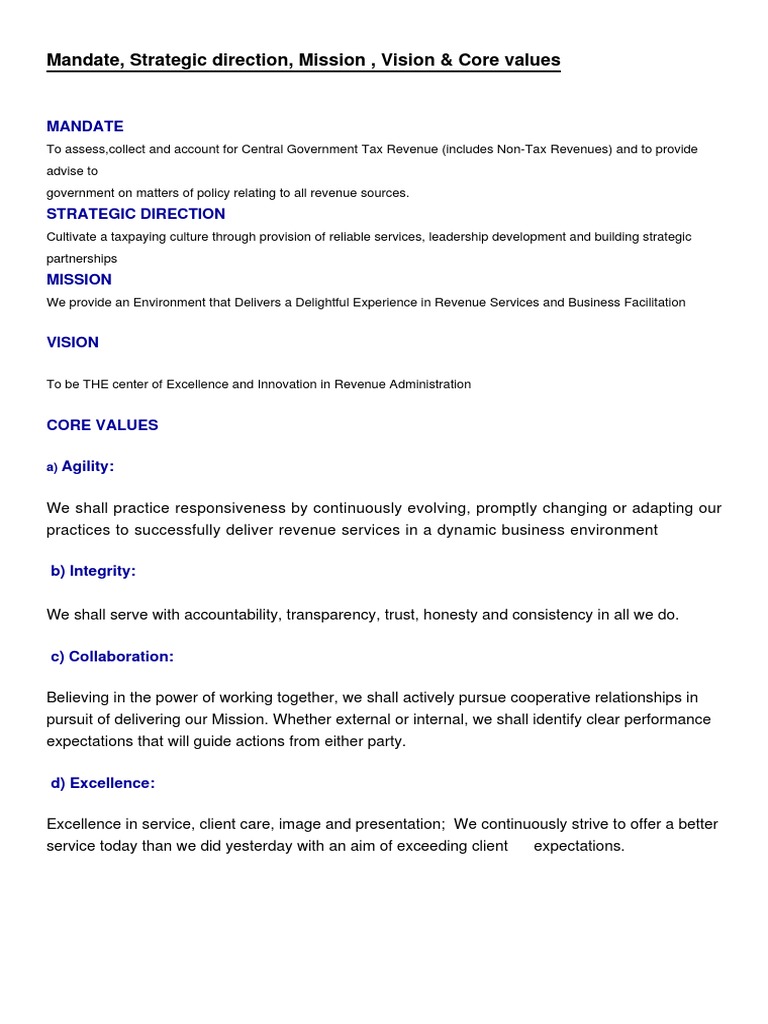 Mandate, Strategic Direction, Mission, Vision & Core Values | PDF