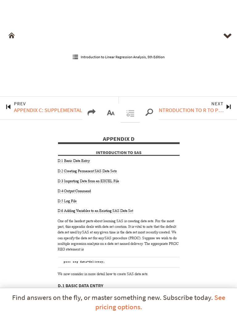 APPENDIX D - INTRODUCTION TO SAS - Introduction To Linear Regression Analysis, 5th Edition | PDF ...