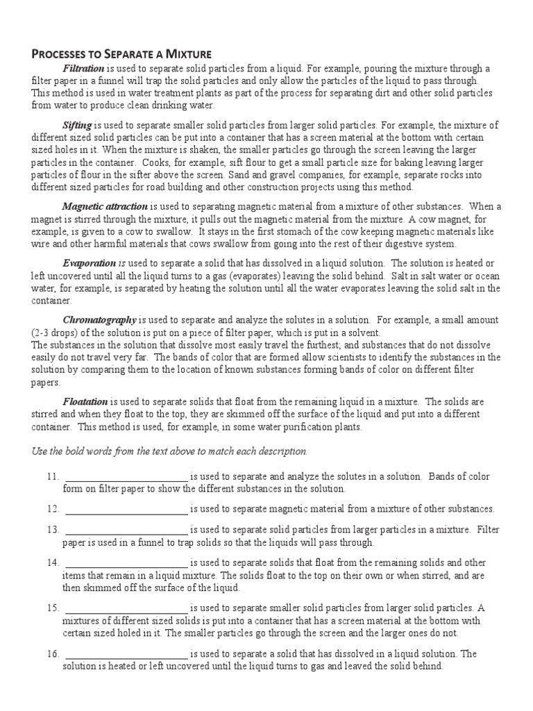 Mixture Separation Methods for 5th Graders | PDF | Filtration | Solution