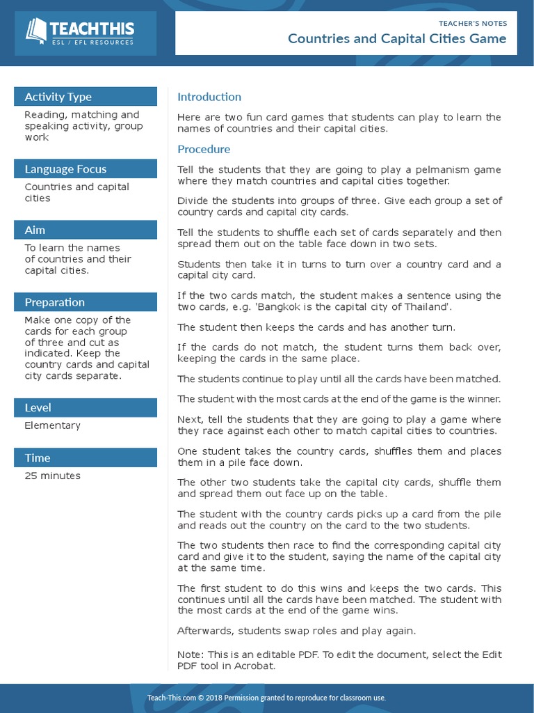 Countries and Capital Cities Game | PDF | Learning | Cognition