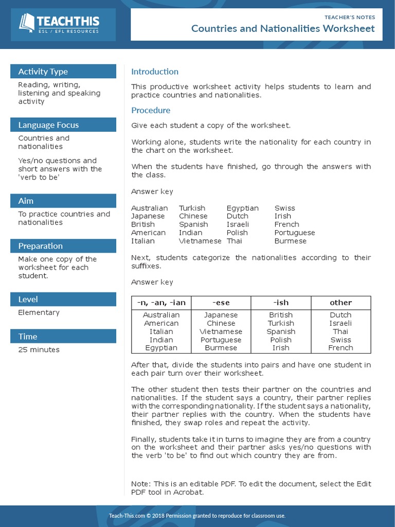 Countries and Nationalities Worksheet: Activity Type | PDF | Cognition ...