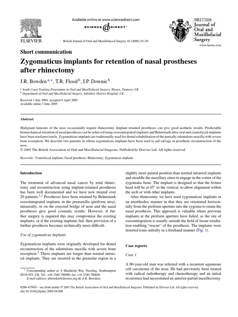 Zygomaticus Implants For Retention of Nasal Prostheses After Rhinectomy ...