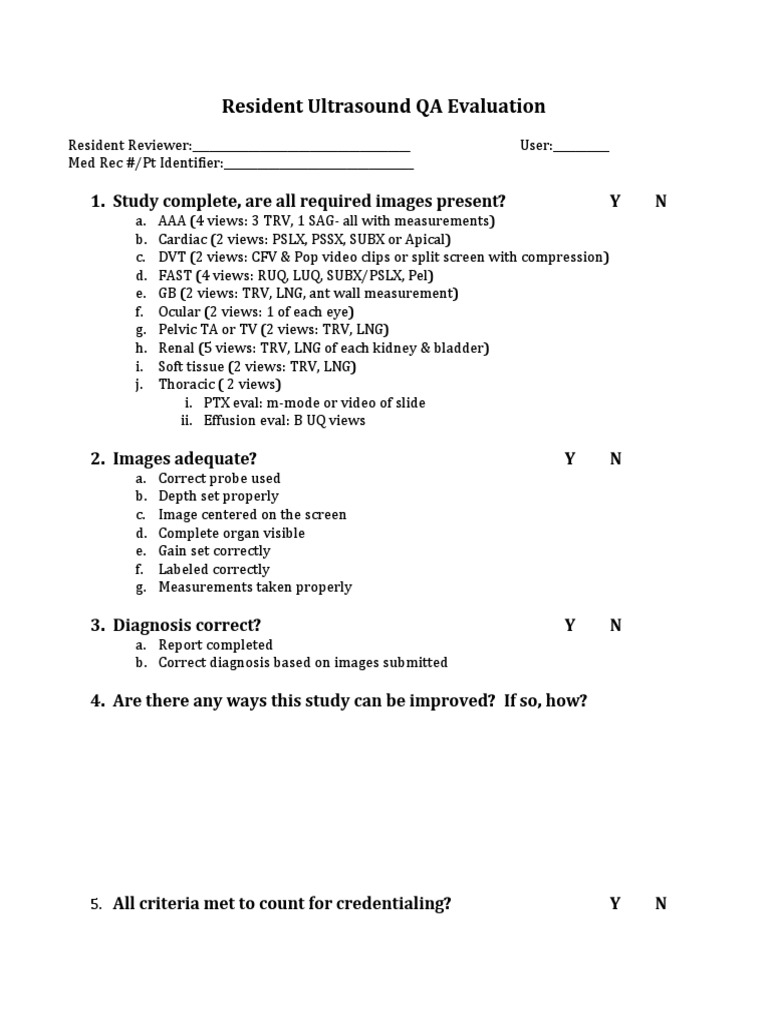 Resident Ultrasound QA Checklist | PDF