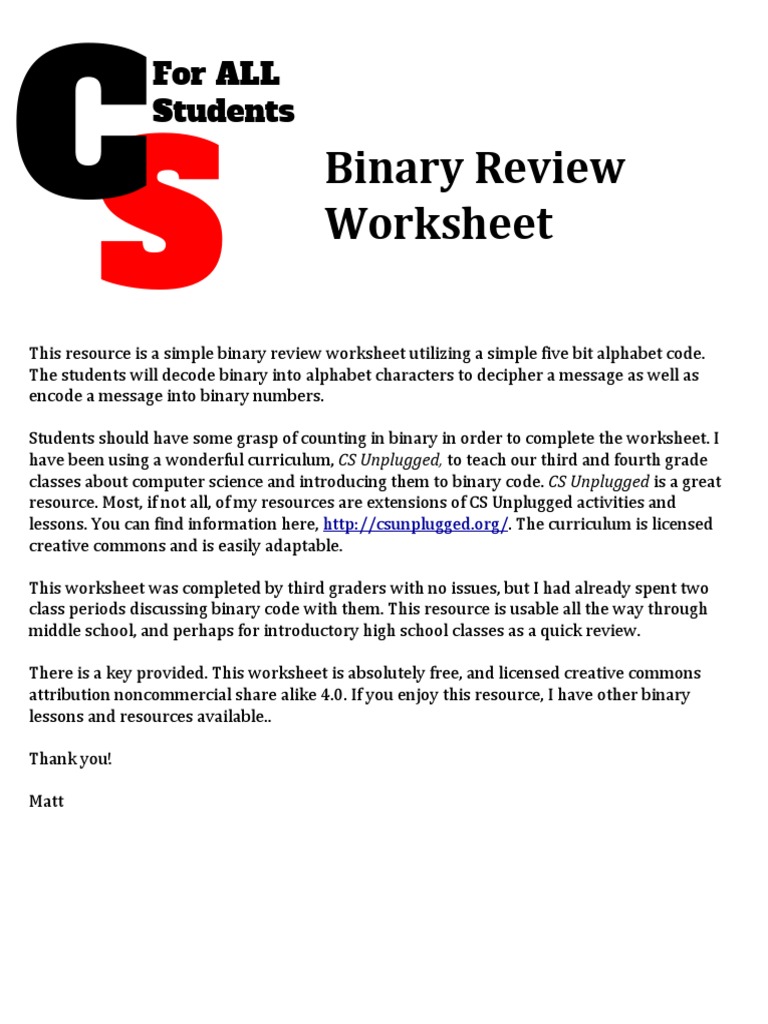 Binary Review Worksheet: For All Students | PDF | Code | Notation