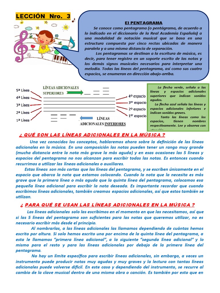 LECCIÓN #3 - EL PENTAGRAMA, Líneas y Espacios Adicionales | PDF | Clave ...
