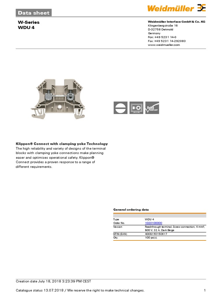 Data Sheet: W-Series Wdu 4 | PDF | Wire | Electrical Wiring