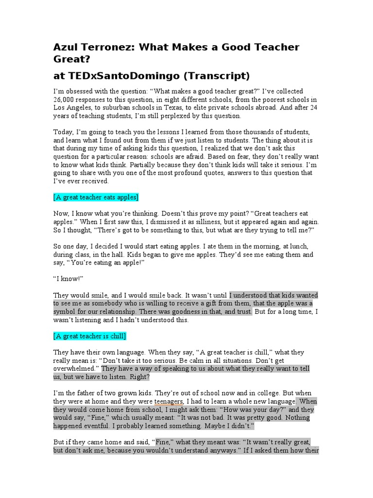 What Makes A Good Teacher Great - Transcript | PDF | Classroom | Teachers