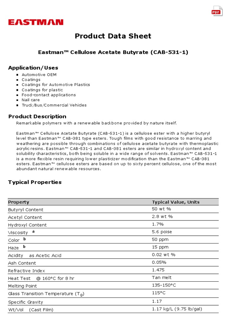 Product Data Sheet: Eastman™ Cellulose Acetate Butyrate (CAB-531-1 ...