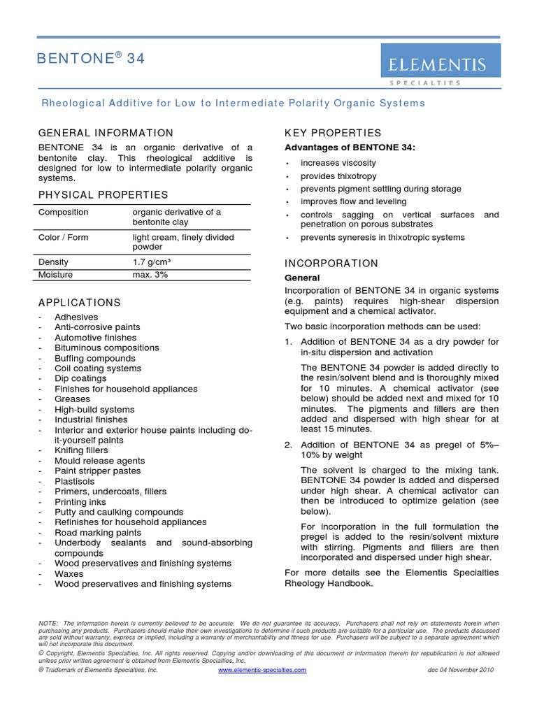 Bentone 34: Rheological Additive For Low To Intermediate Polarity ...