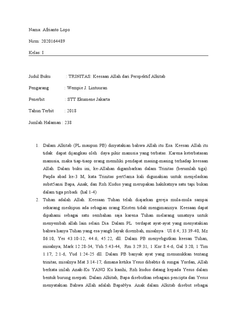Resensi Buku Trinitas | PDF | Filsafat